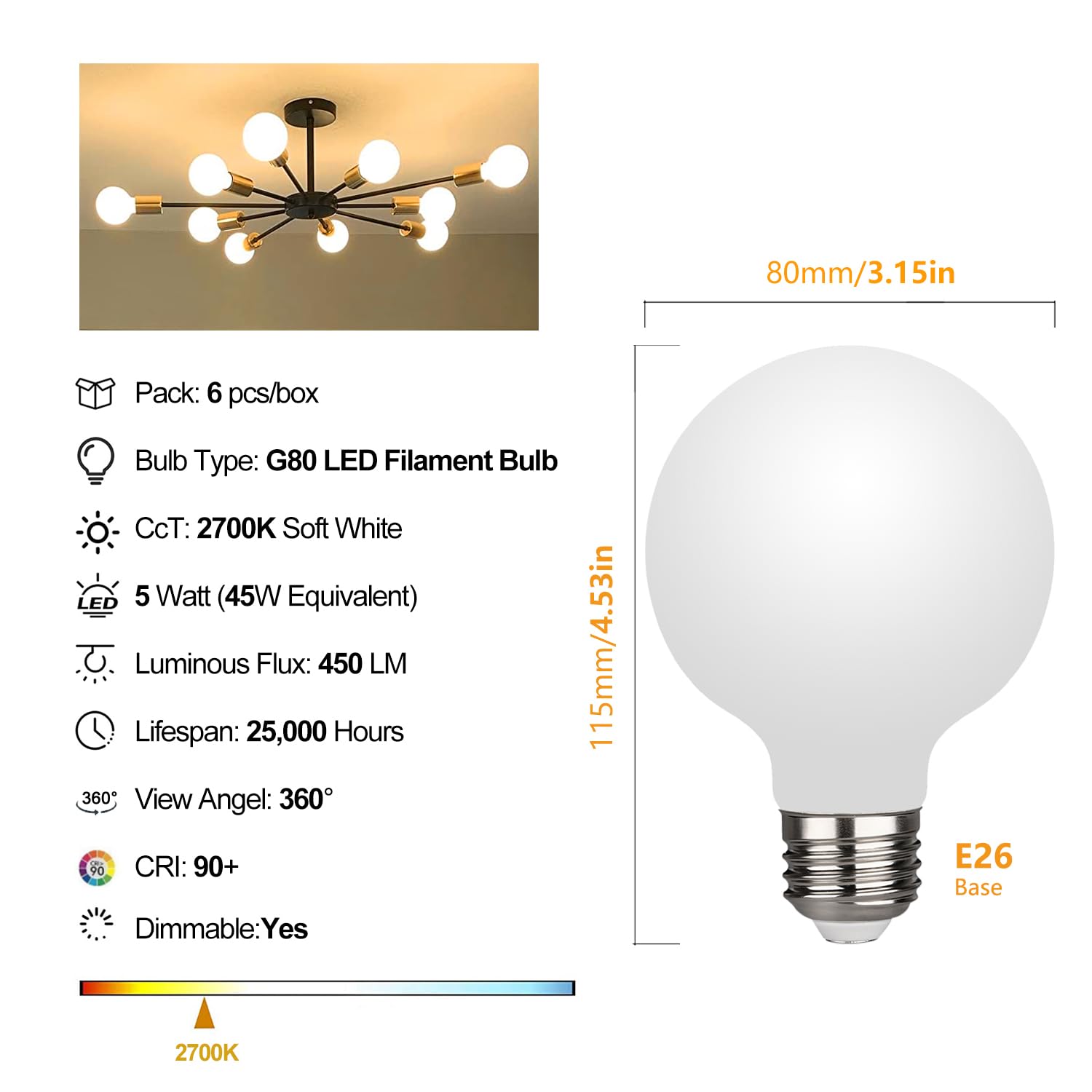 G25 LED Classic Dimmable Light Bulbs,Globular Bulb,Vanity Light Bulb,Warm White 2700k with CRI95,No Flicker,Eye Protection,Suitable for Bedroom,Mirror,Batheroom.40W Equivalent.(6PACK)