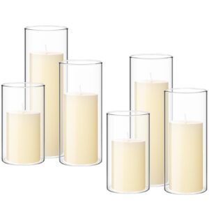 shihanee set of 6 pillar candles and glass cylinder vases clear cylinder candle holders for slim tall pillar candles wedding centerpieces(2.6'' x 4.7'', 5.9'', 7.9'',ivory white)