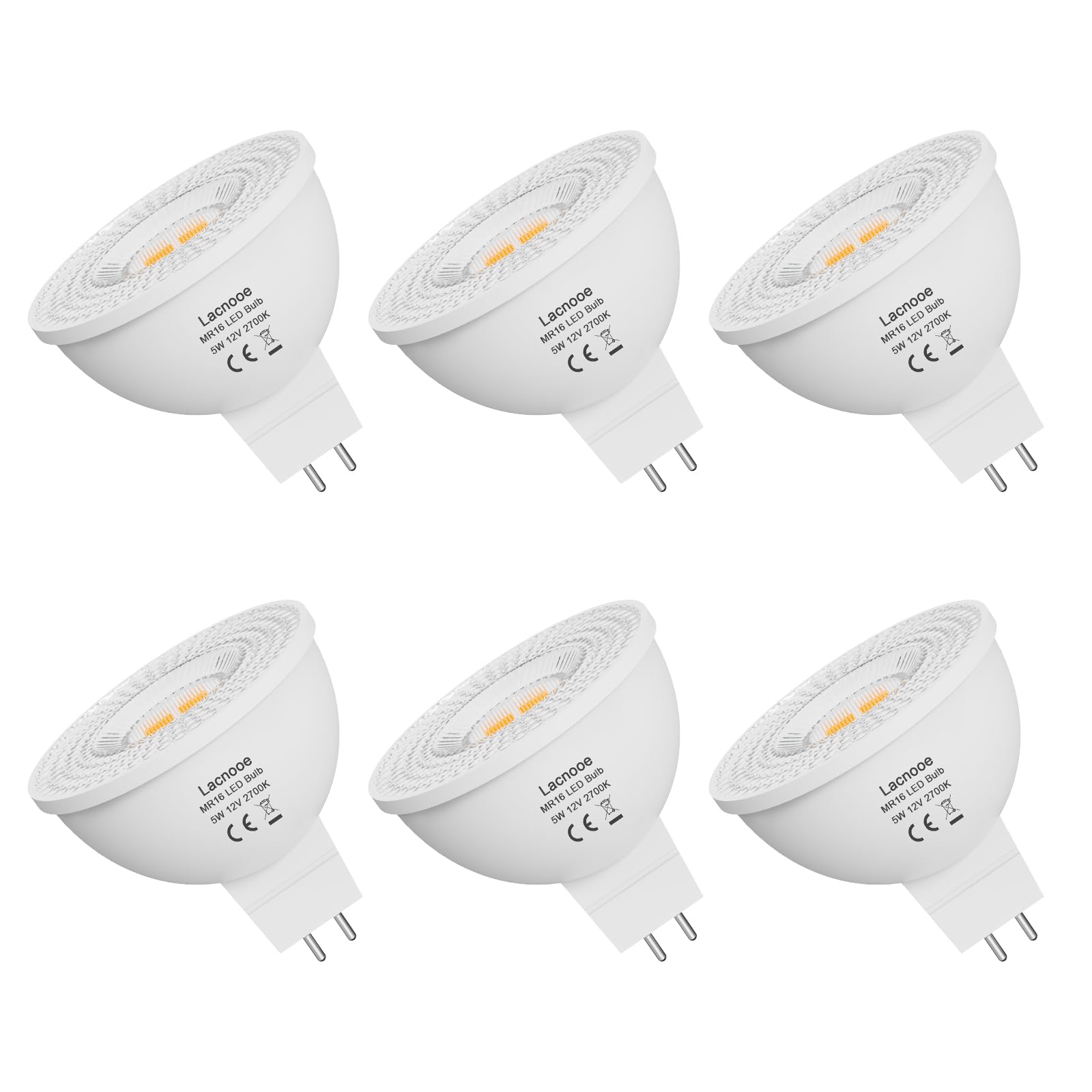 Lacnooe MR16 LED Bulb 5W, 35W to 50W Halogen Equivalent, AC/DC 12V Low Voltage MR16 GU5.3 Bulb Spotlights for Outdoor Landscape Flood Track Lighting, GU5.3 Bi Pin Base, 2700K Warm White, 6 Pack