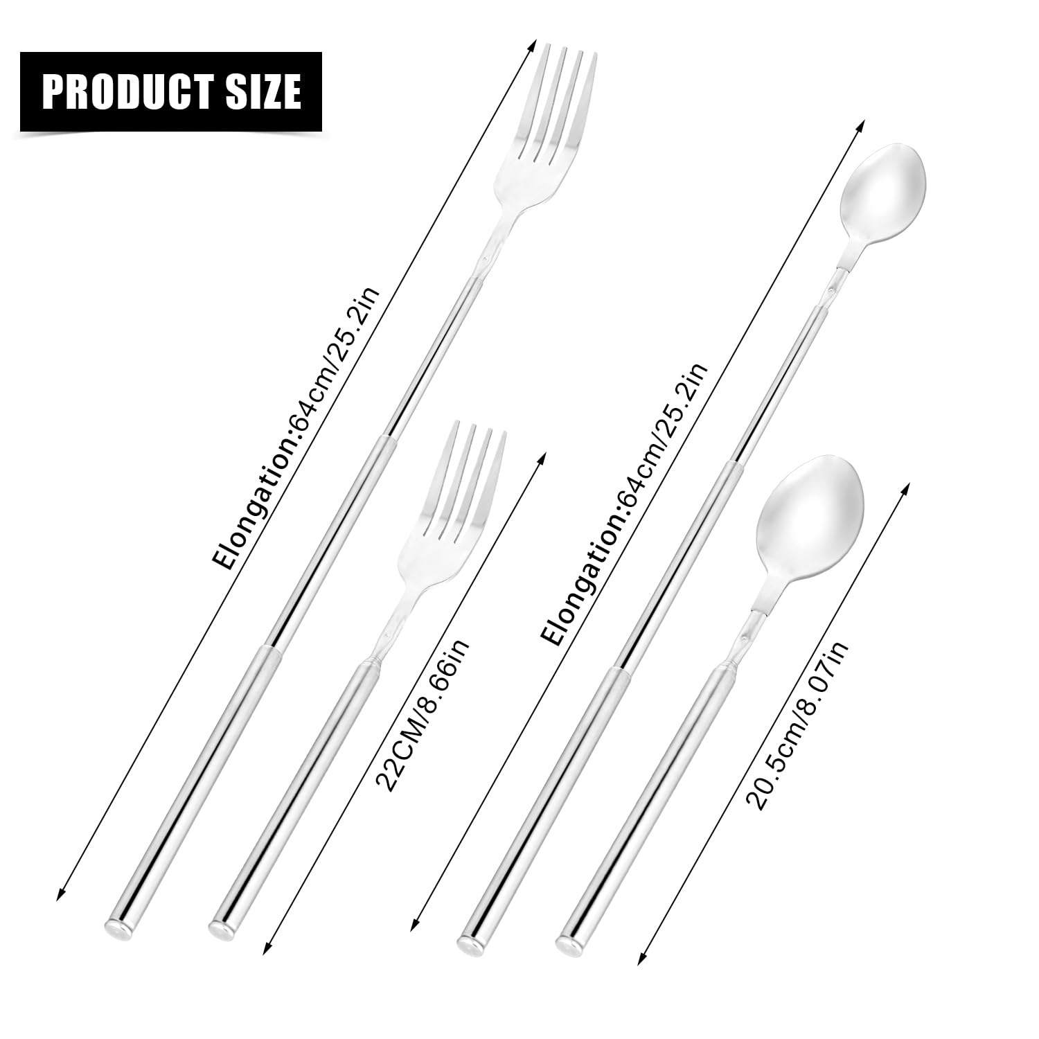 Extendable fork Spoon, Telescopic Fork and Spoon Set Stainless Steel Long Fork Extender Dinner Retractable Spoons Expandable Extension Fork Spoon Extends to 25.2" Tableware for BBQ Fruit