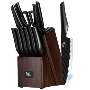 dimoedge kitchen knife block set with built-in sharpener, ultra-sharp 13-piece stainless steel knives with ergonomic hollow handle