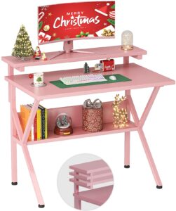 cotublr small desk, 27.5 inch small computer desk for small spaces, computer desk with adjustable monitor stand, compact desk with storage, tiny desk study desk for bedroom home office, pink