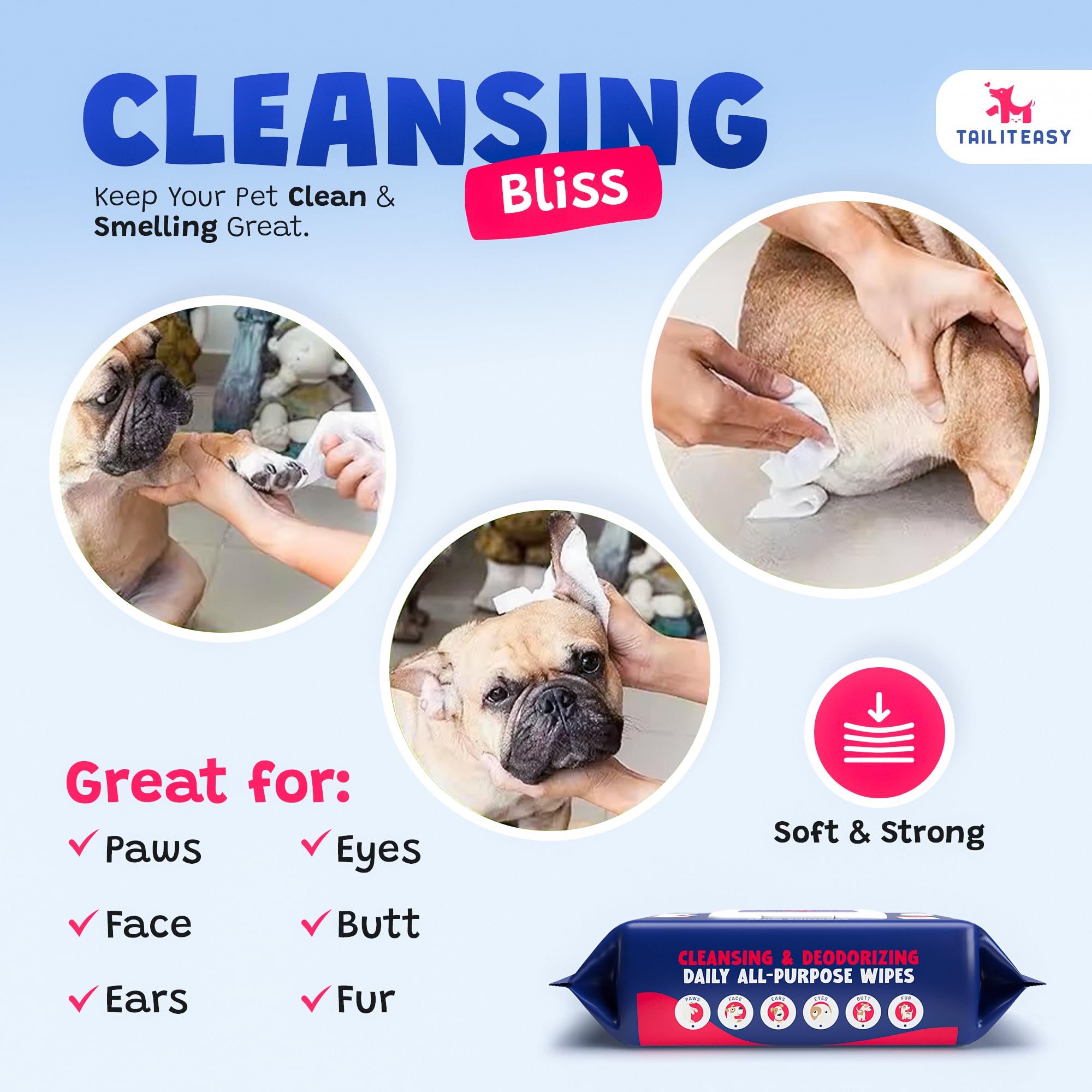 TAIL IT EASY Pet Wipes for Dogs - Dog Paw Wipes - Dog Cleaning Wipes - Biodegradable Cat Bath Wipes - Puppy Grooming Wipes - Toxic-Free Kitten Wipes (No Fragrance) (Pack of 3)