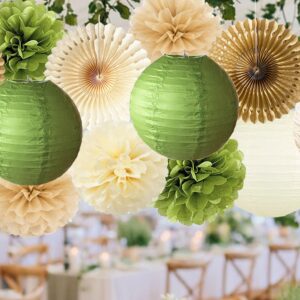 Olive Green Tan Brown Cream Party Decoration Paper Lanterns Fans Tissue Paper Pom Poms Rustic Olive Green Decorations for Birthday Baby Shower Neutral Party Bridal Shower Wedding Party Decorations