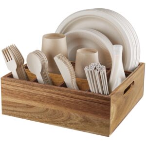 alelion acacia wood utensil holder for party - paper plate organizer for countertop - silverware caddy with 6 compartments for plate, cup, fork, spoon - cutlery holder for kitchen camping buffet