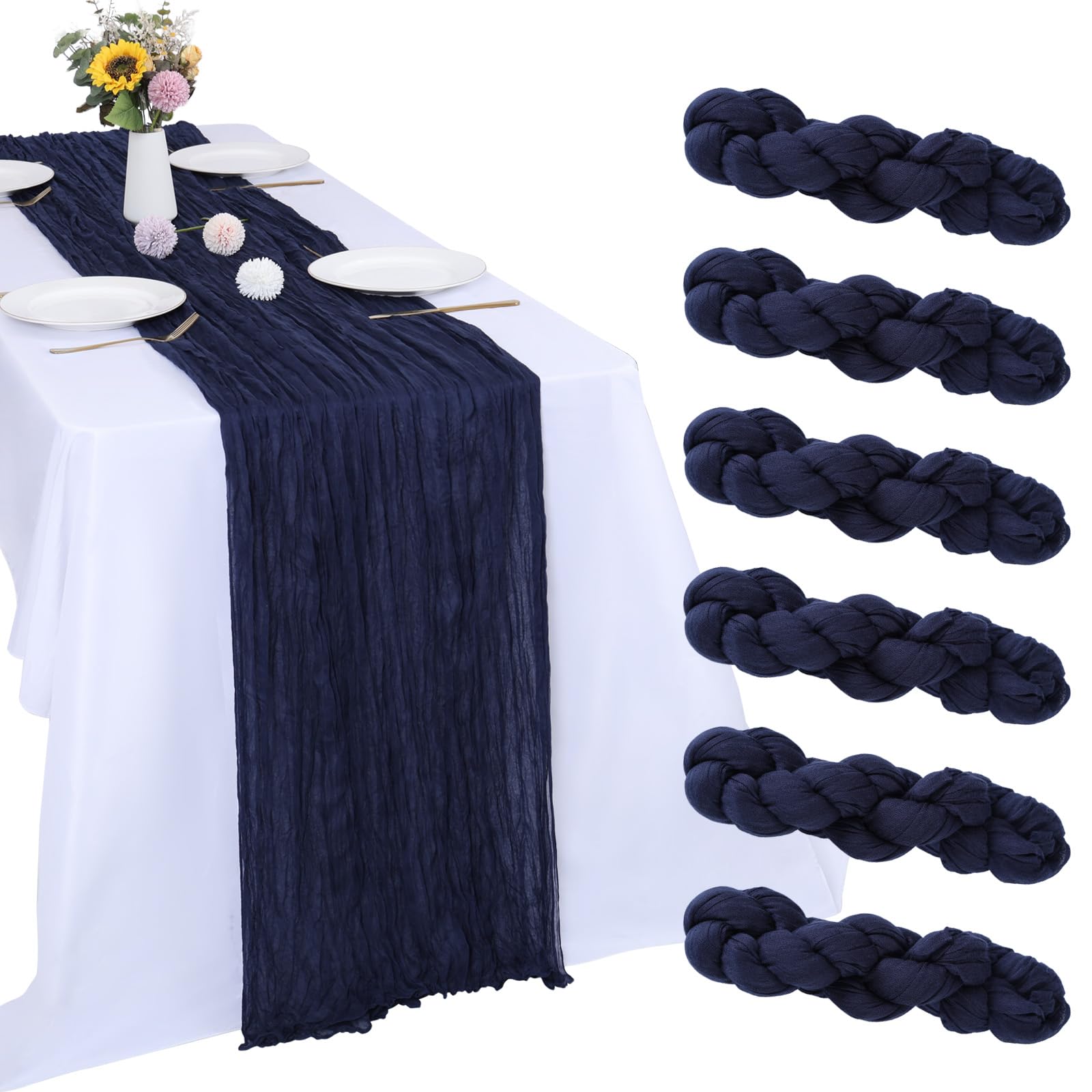 RestfulGlow 6 Pack Navy Blue Cheesecloth Table Runner 10FT Boho Gauze Fabric Table Runner 35 x 120 Inch Rustic Sheer Runner for Wedding Birthday Baby Shower Party Boho Table Decoration（Navy Blue）