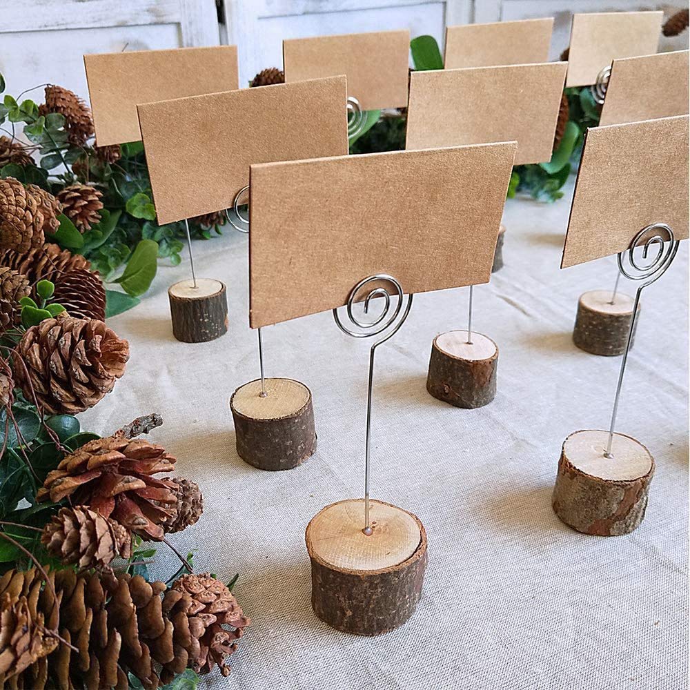 Luejnbogty 30Pc Wood Place Card Holders with Swirl Wire Kraft Place Cards Rustic Wood Table Number Holders Stands Name Cards Holder