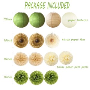 Olive Green Tan Brown Cream Party Decoration Paper Lanterns Fans Tissue Paper Pom Poms Rustic Olive Green Decorations for Birthday Baby Shower Neutral Party Bridal Shower Wedding Party Decorations