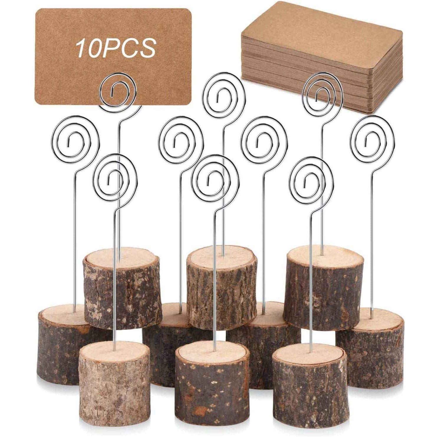 Luejnbogty 30Pc Wood Place Card Holders with Swirl Wire Kraft Place Cards Rustic Wood Table Number Holders Stands Name Cards Holder