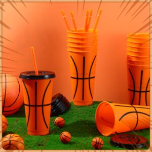 Domensi 24 Pcs Christmas Plastic Tumbler with Lid and Straw 24 oz Reusable Cups Party Favors Coffee Mug Plastic Drinking Cups for Kid Adult Themed Birthday Party Favor Xmas Gifts(Basketball)