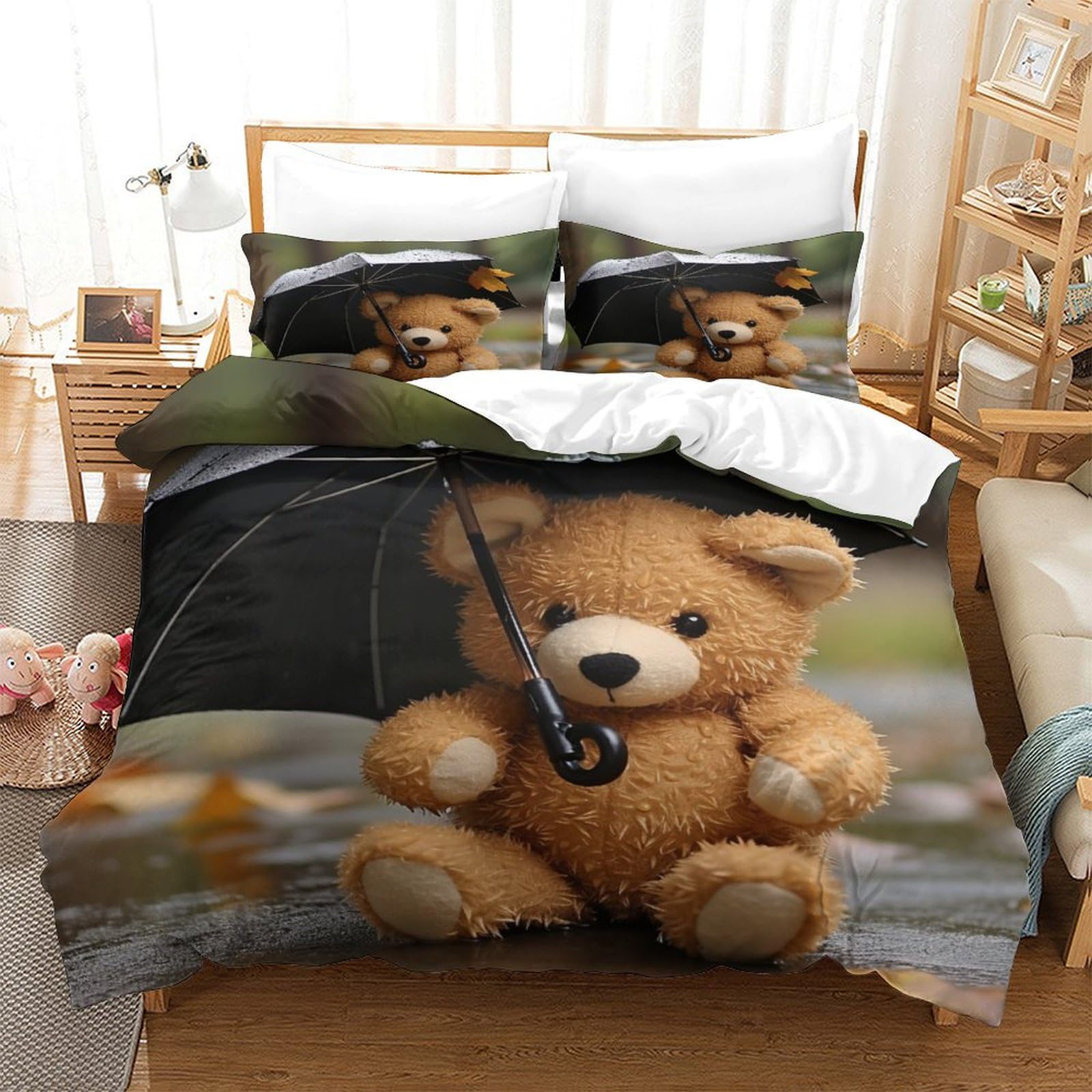 SorEci Teddy Bear Duvet Cover Pillow Sham 3D Black Umbrella Pattern Comforter Covers Bed Set for Kids Teen Adult Bedroom Decorations with 2 Pillow Shams Twin（173x218cm）, Style-8