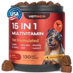 dog vitamins 15 in 1 - dog multivitamin chews - joint supplement for dogs - dog vitamins & supplements for hip & joint, immune system, coat & mobility - itchy skin relief - glucosamine chondroitin