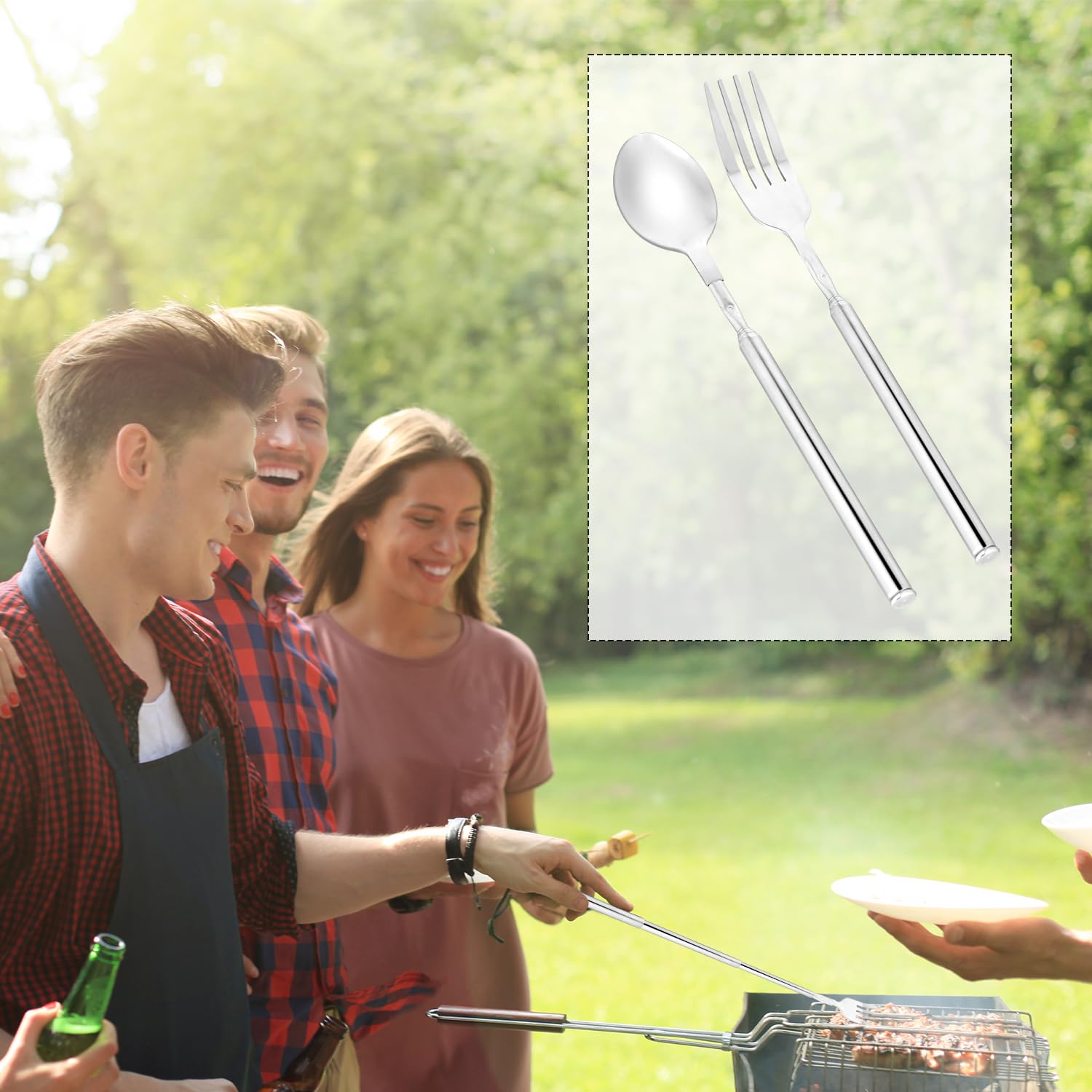 Extendable fork Spoon, Telescopic Fork and Spoon Set Stainless Steel Long Fork Extender Dinner Retractable Spoons Expandable Extension Fork Spoon Extends to 25.2" Tableware for BBQ Fruit