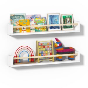 esonal nursery shelves.floating bookshelves with guardrail.book shelf for kids rooms. nursery hanging organizers.spice rack wall mount kitchen.36 inch set of 2.