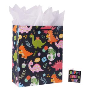 ranfashiong 13" large gift bag with tissue paper and card for boys kids birthday baby shower (black dinosaurs 1 pcs)