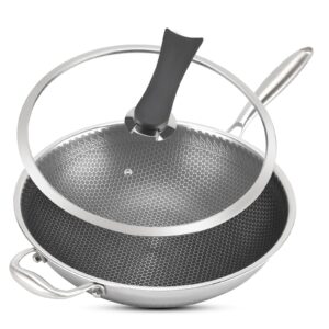 vegoran 13 inch wok pan,stainless steel stir-fry wok, non stick honeycomb skillet with stay cool handle- suitable for induction, ceramic, electric, and gas cooktops (13" honeycomb wok pan with lid)