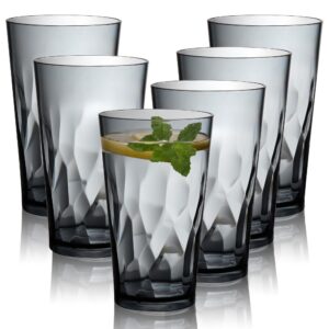 jgirl unbreakable plastic drinking glasses, set of 6, shatterproof drinking cups, plastic glass cup,16 oz plastic tumbler cups,dishwasher safe (grey)