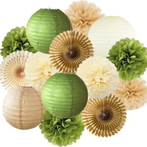 olive green tan brown cream party decoration paper lanterns fans tissue paper pom poms rustic olive green decorations for birthday baby shower neutral party bridal shower wedding party decorations