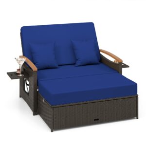 happygrill outdoor wicker sofa daybed, rattan loveseat with folding panels & storage ottoman, 4-level adjustable backrest, cozy cushions included, sun lounger daybed for backyard porch, (navy)