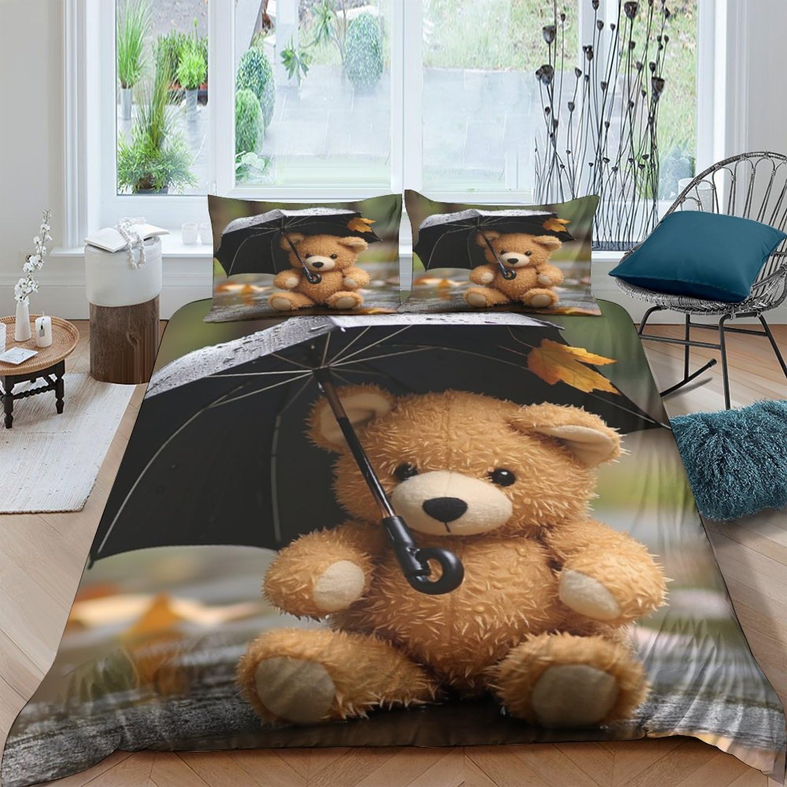 SorEci Teddy Bear Duvet Cover Pillow Sham 3D Black Umbrella Pattern Comforter Covers Bed Set for Kids Teen Adult Bedroom Decorations with 2 Pillow Shams Twin（173x218cm）, Style-8