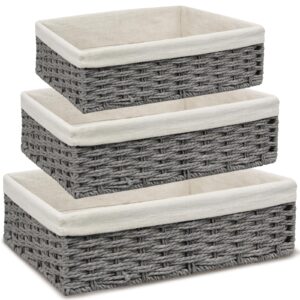 3 pcs handmade wicker baskets for organizing storage basket set, boho decorative bins, over toilet paper reserve holder for closet, bedroom, bathroom, entryway, office (grey)