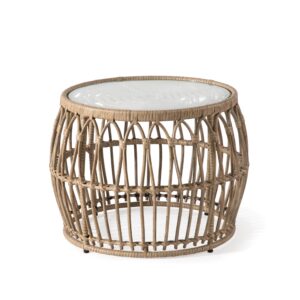 muse & lounge co. ysar boho rattan round coffee table outdoor with 5mm tempered glass top, all-weather and rust resistant patio furniture