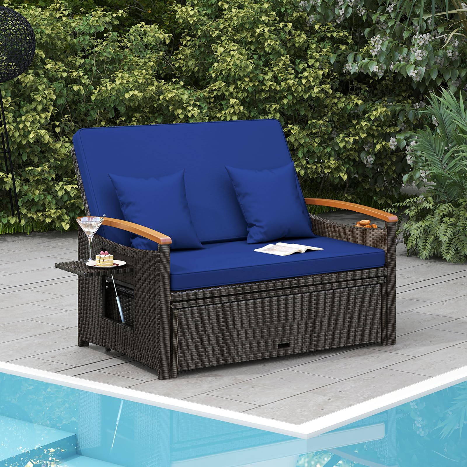 HAPPYGRILL Outdoor Wicker Sofa Daybed, Rattan Loveseat with Folding Panels & Storage Ottoman, 4-Level Adjustable Backrest, Cozy Cushions Included, Sun Lounger Daybed for Backyard Porch, (Navy)