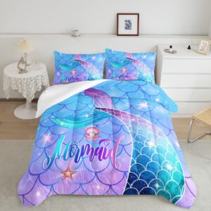 tuzaovy mermaid twin comforter set for girls,twin mermaid bedding sets for girls,mermaid bed set twin for girls,rainbow scales mermaid bedding set,bule bedding comforter set,mermaid quilt set twin