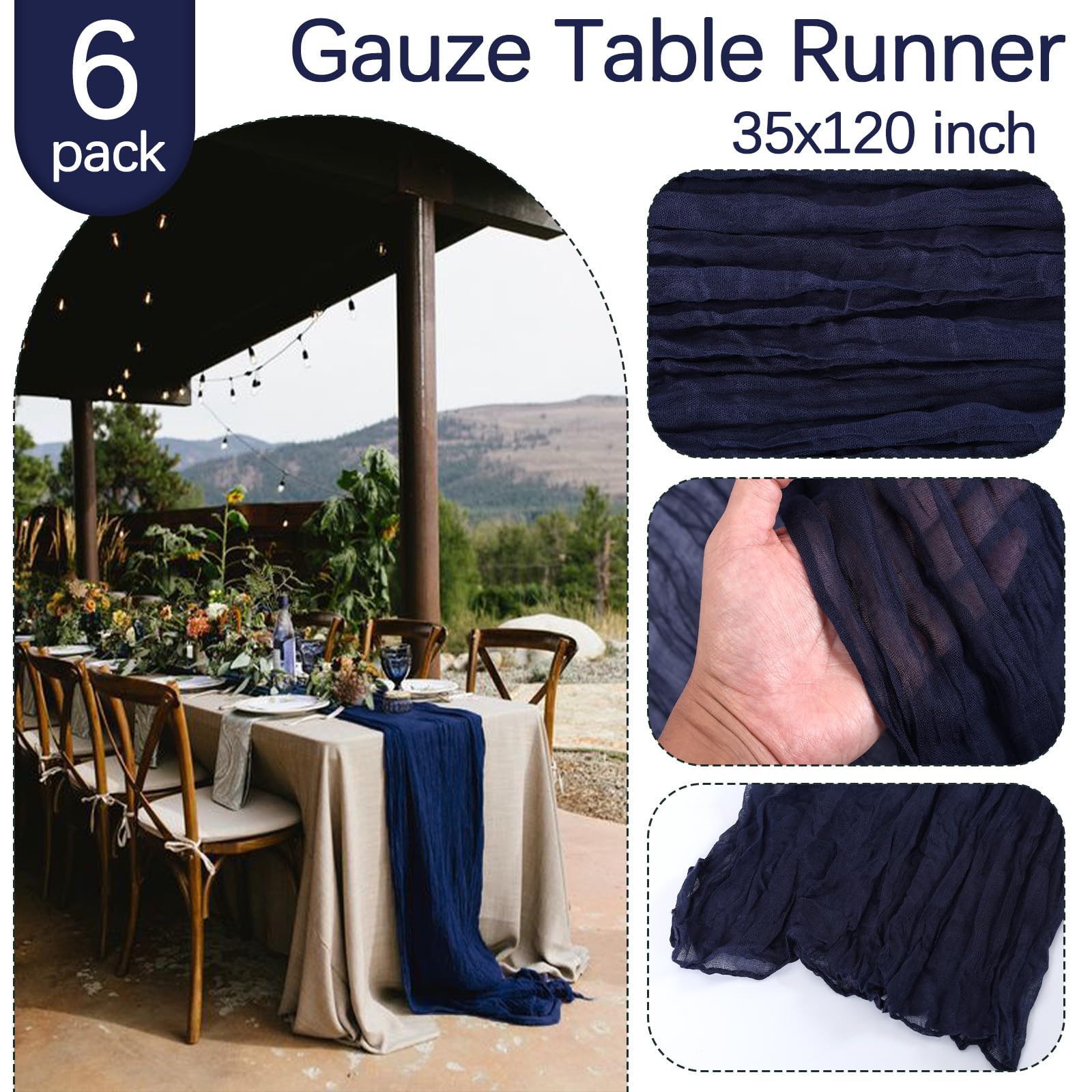 RestfulGlow 6 Pack Navy Blue Cheesecloth Table Runner 10FT Boho Gauze Fabric Table Runner 35 x 120 Inch Rustic Sheer Runner for Wedding Birthday Baby Shower Party Boho Table Decoration（Navy Blue）