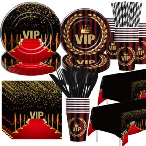 xenorik vip party decorations tableware - movie star red carpet birthday party supplies, plate, cup, napkin, tablecloth, cutlery, film show vip pass red carpet activity prom party supplies | serve 24