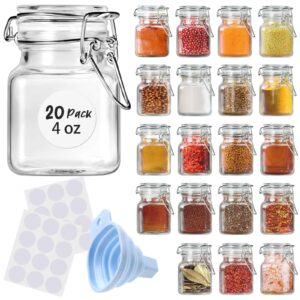 skoche spice jars 20 pack - 4 oz small glass jars with airtight hinged lids, spice herb jars with labels and silicone funnels, 4oz glass jars with lids ideal for spice herbs