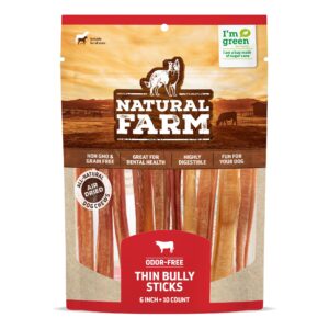 natural farm odor-free thin bully sticks (6”, 10-pack) all-natural long-lasting dog chews, 100% beef pizzle, grass-fed, grain-free, protein for muscle development & energy, perfect for medium chewers