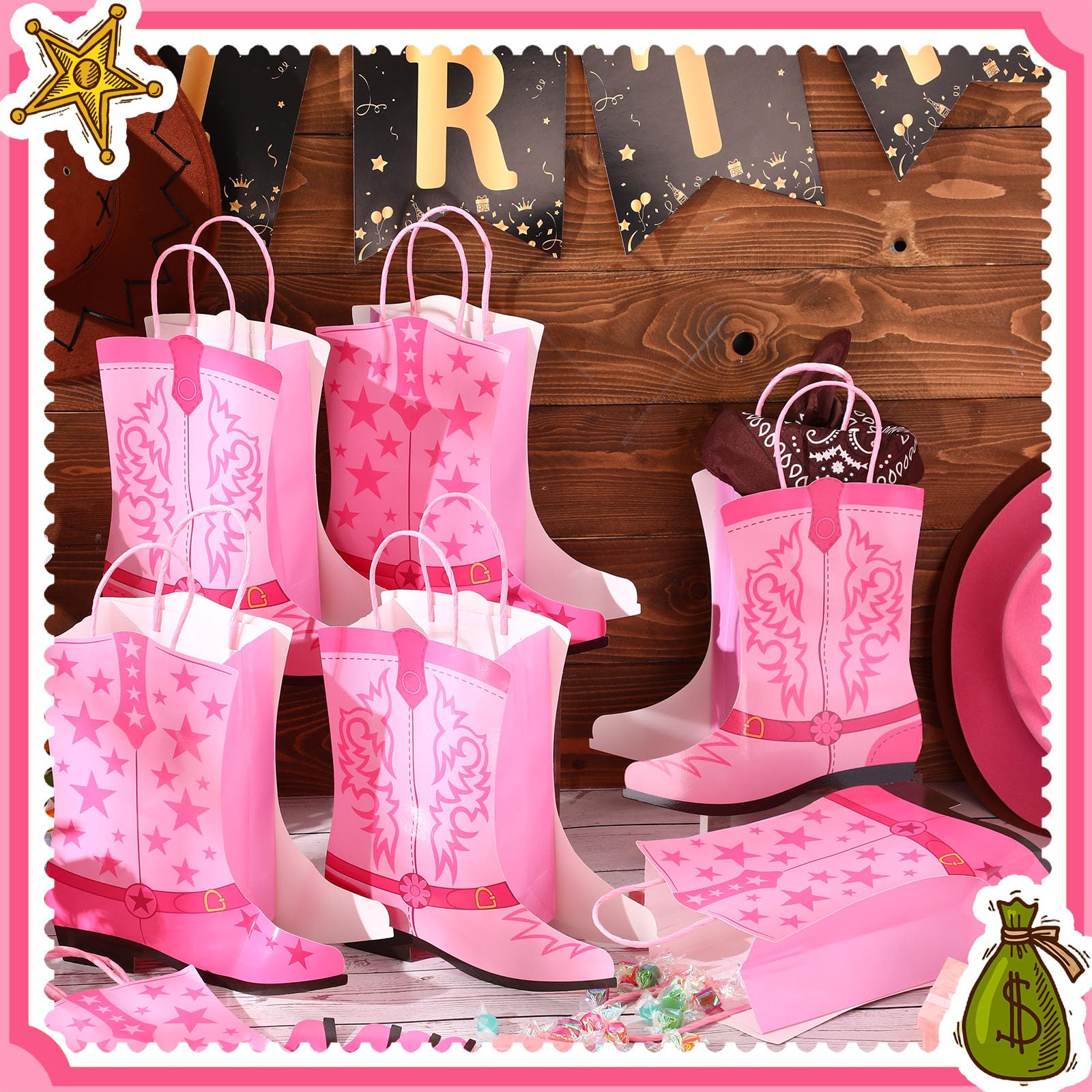 Mooliwe 16 Pcs Cowboy Cowgirl Boots Paper Bags Western Theme Party Favors Bags Wild West Girls Kraft Bags Bachelorette Party Theme Last Rodeo Party Supplies Cowgirl Party Favors (Pink)