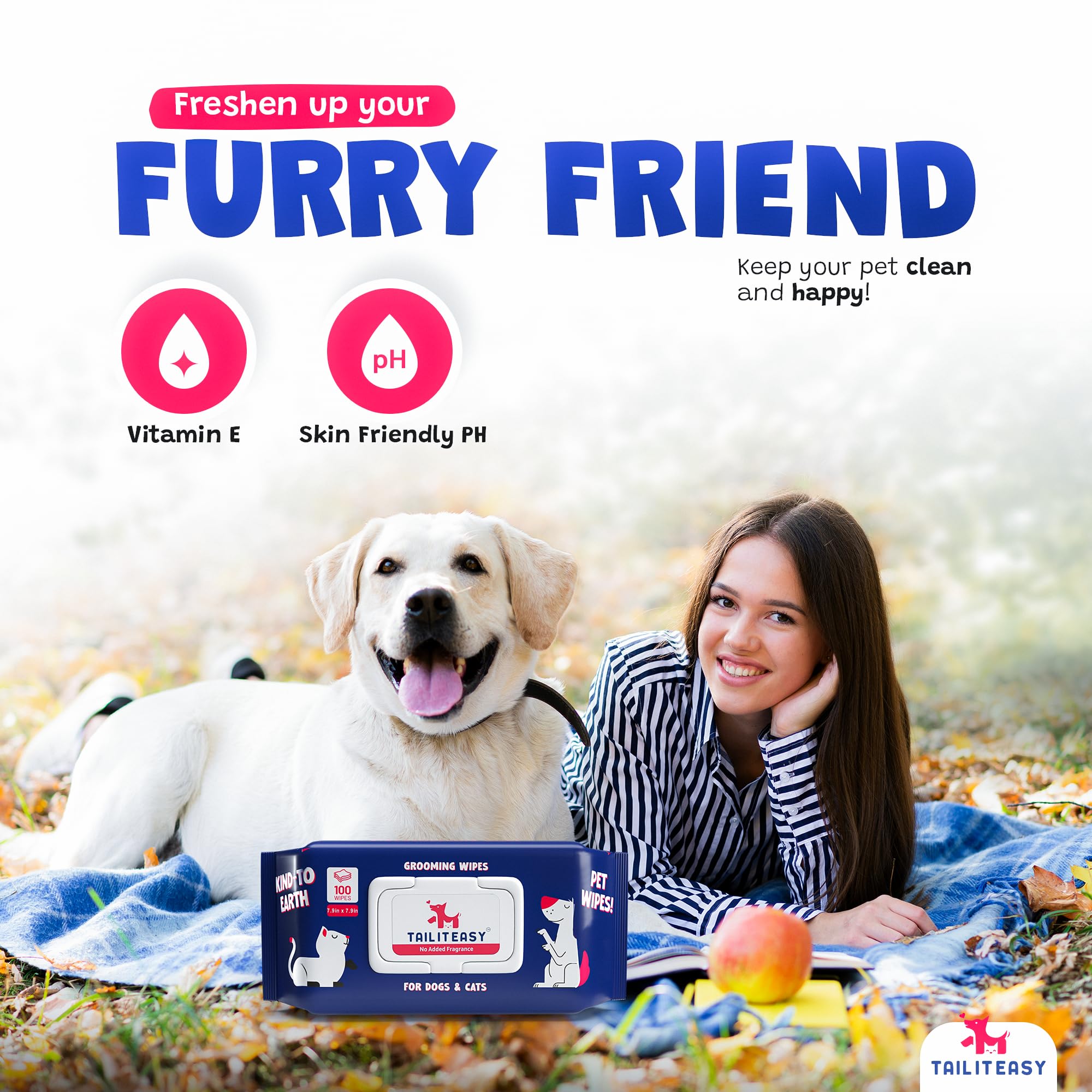 TAIL IT EASY Pet Wipes for Dogs - Dog Paw Wipes - Dog Cleaning Wipes - Biodegradable Cat Bath Wipes - Puppy Grooming Wipes - Toxic-Free Kitten Wipes (No Fragrance) (Pack of 3)