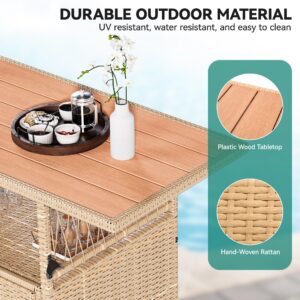 YITAHOME XL Outdoor Storage Cabinet Patio Wicker Bar Table w/Plastic Wood Tabletop, Wine Glass Holders and Built-in Bottle Opener, Light Brown