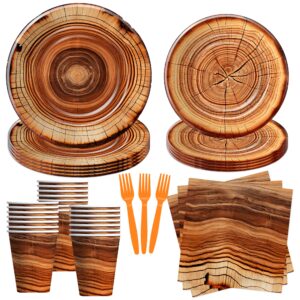 xenorik wood grain slice paper plates and napkins party supplies for birthday baby shower wedding - wooden plates, cup, napkin, fork, lumberjack camping hunting party decorations tableware | serve 24