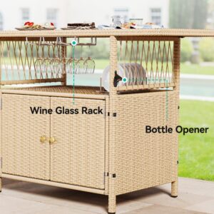 YITAHOME XL Outdoor Storage Cabinet Patio Wicker Bar Table w/Plastic Wood Tabletop, Wine Glass Holders and Built-in Bottle Opener, Light Brown