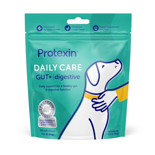 Protexin Daily Care Gut+ Digestive, 60 probiotic and postbiotic Dog Supplement Chews – Chicken and Carob Flavored