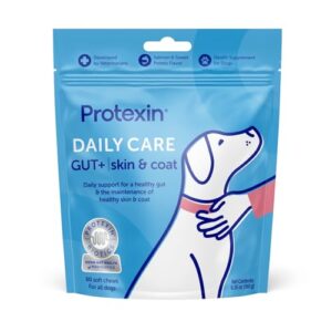 protexin daily care gut+ skin & coat, 60 postbiotic dog supplement chews – salmon and sweet potato flavored