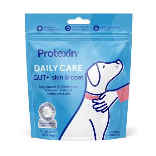 Protexin Daily Care Gut+ Skin & Coat, 60 postbiotic Dog Supplement Chews – Salmon and Sweet Potato Flavored