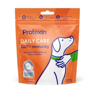 protexin daily care gut+ immunity, 60 probiotic and postbiotic dog supplement chews – turkey and cranberry flavored