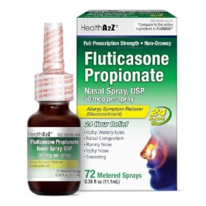 healtha2z® fluticasone propionate nasal spray| 50 mcg per spray | 24 hour allergy relief | 72 sprays | 0.38 fl oz (11.1ml) | relief from nasal congestion | runny nose | sneezing