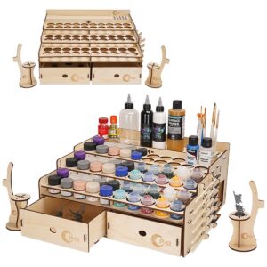 ophir wooden paint organizer, miniature paint holder storage rack for 60 acrylic model paint bottles with 2 drawers, 2 painting handle, 25 paint brush holes and 1 brush holder for miniature paint set