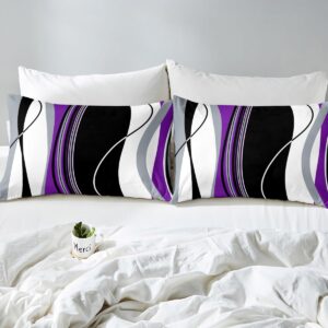 Feelyou Purple and Gray Black White Duvet Cover Modern Abstract Geometric Bedding Set for Kids Boys Girls Teens Stripe Line Pattern Room Decor Comforter Cover Set Queen Size Bedspread Cover 3Pcs