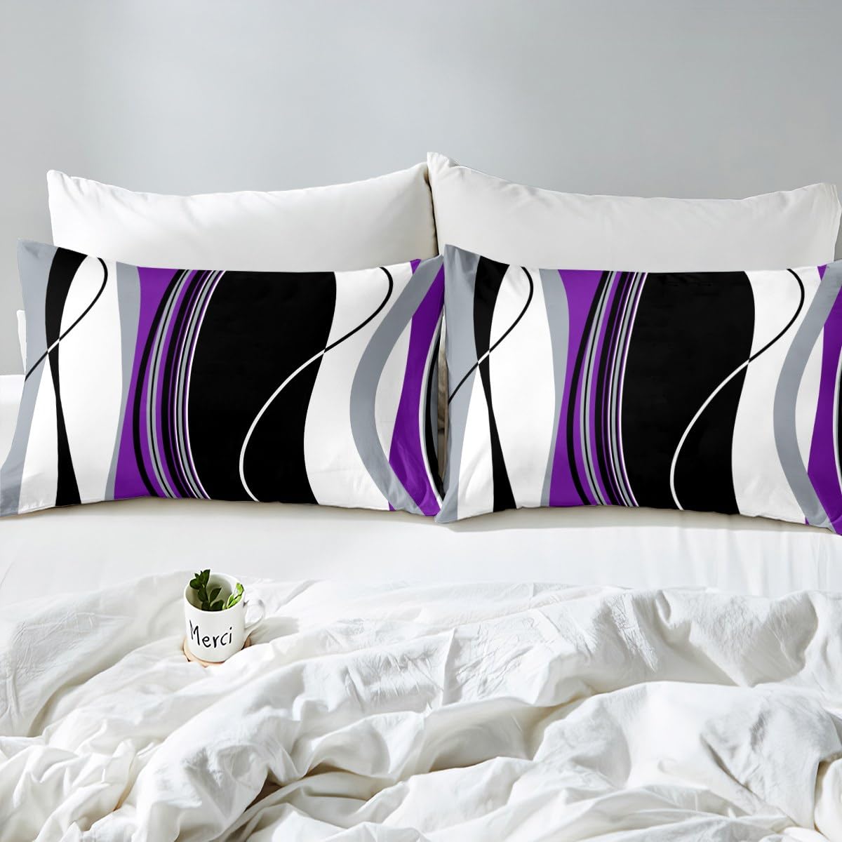 Feelyou Purple and Gray Black White Duvet Cover Modern Abstract Geometric Bedding Set for Kids Boys Girls Teens Stripe Line Pattern Room Decor Comforter Cover Set Queen Size Bedspread Cover 3Pcs