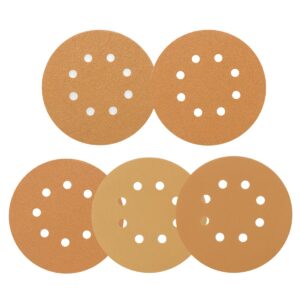 supbicco 50 pcs 5 inch 8 hole sanding discs hook and loop, 60 80 120 220 320 assorted grits sand paper disc for random orbital sander, gold sandpaper pads for automotive and woodworking