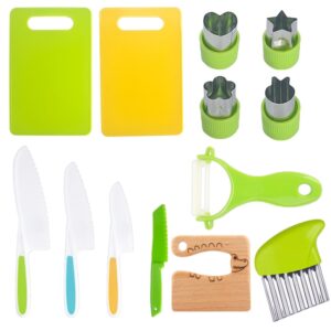 higoney 13pcs kitchen set for toddlers, kids knife set for real cooking,toddler safe knives set with cutting board fruit vegetable crinkle cutters serrated edges plastic-kids kitchen tools