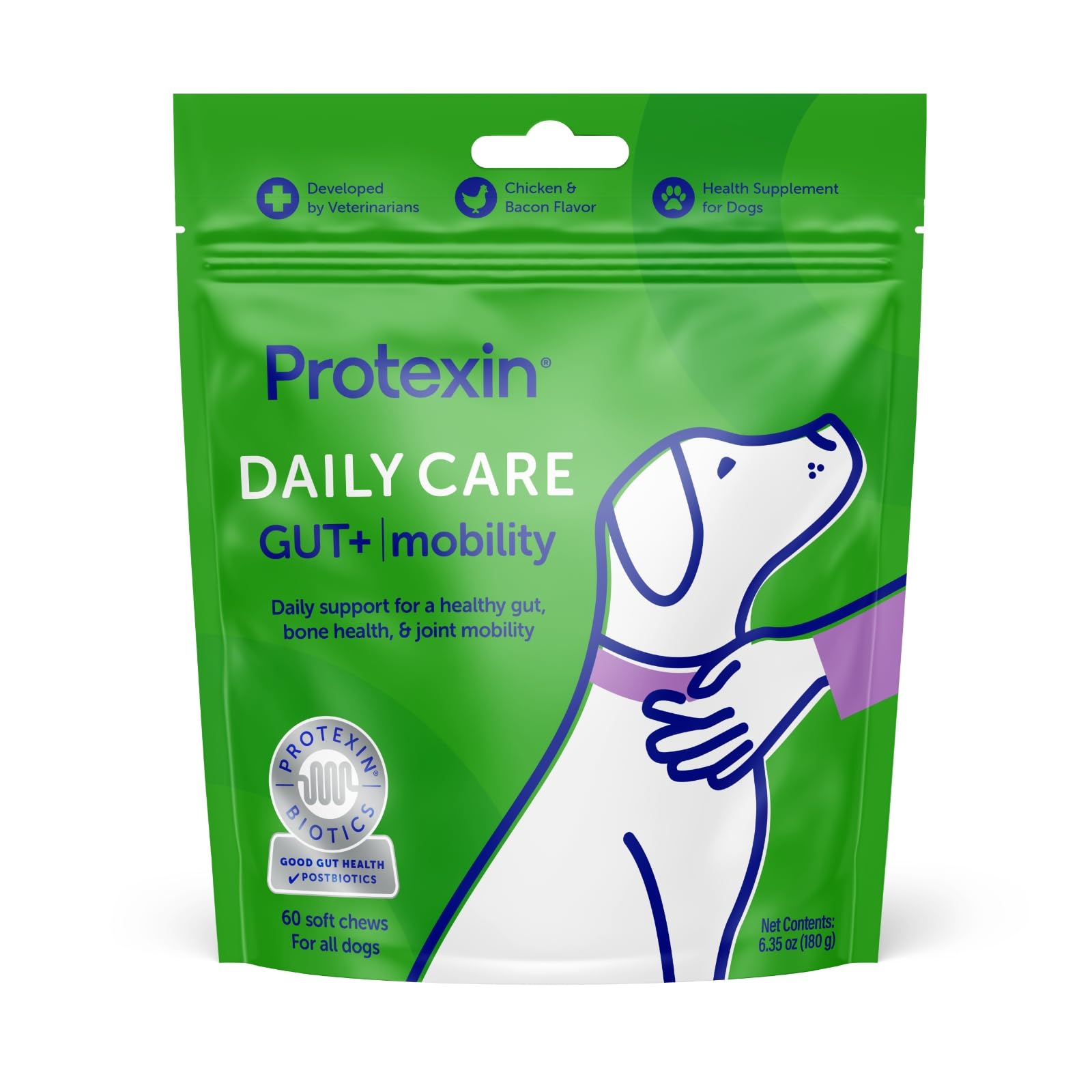 Protexin Daily Care Gut+ Mobility, 60 postbiotic Dog Supplement Chews – Chicken and Bacon Flavored