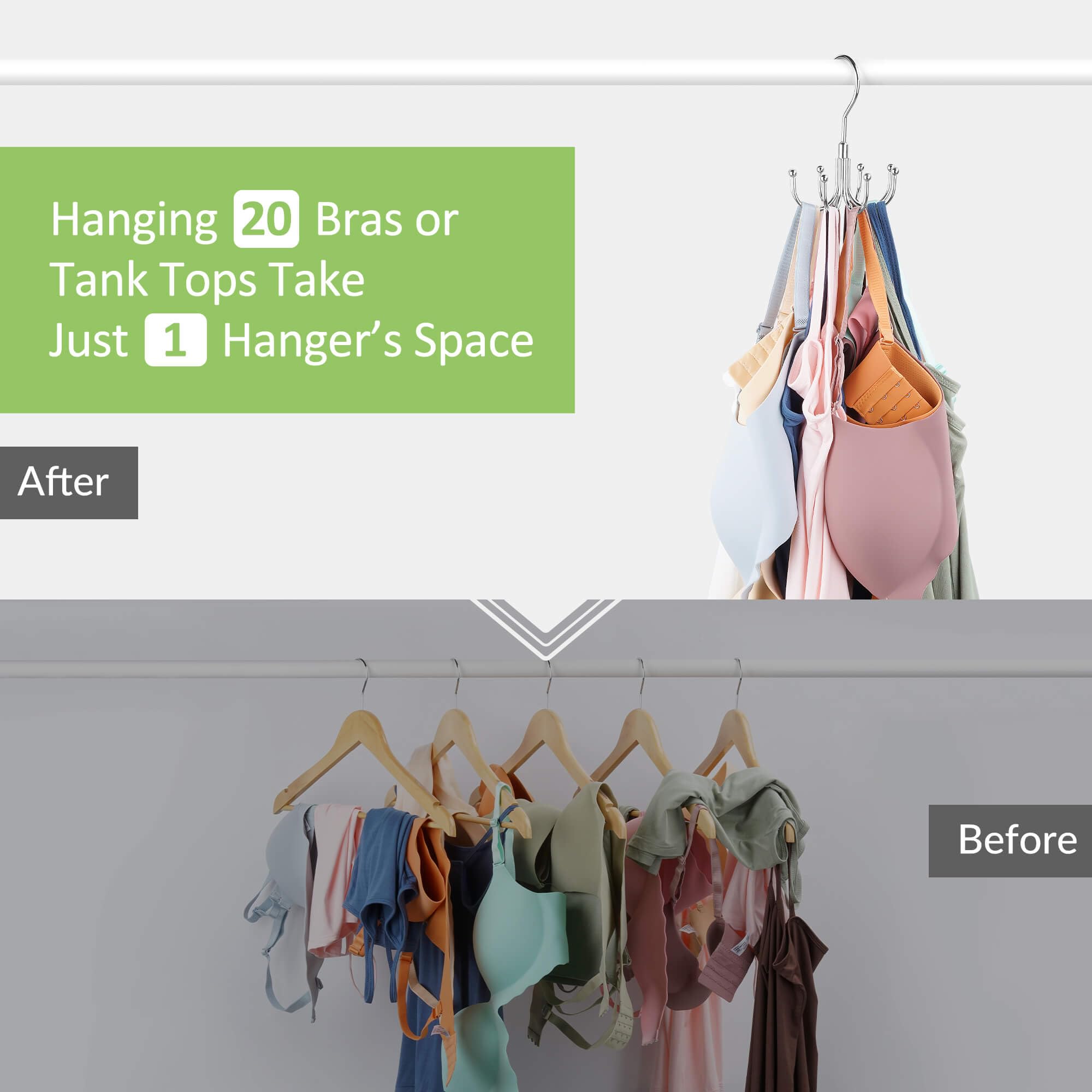 OMHOMETY Bra Hanger for Closet, Tank Top Organizer, Max 24 Capacity Rotatable Metal Space Saving Hanger Sport Bra Storage, Silver 1 Pack