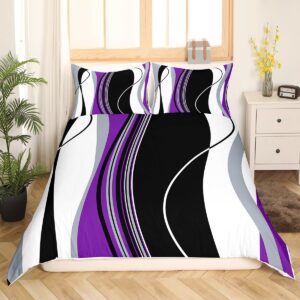 Feelyou Purple and Gray Black White Duvet Cover Modern Abstract Geometric Bedding Set for Kids Boys Girls Teens Stripe Line Pattern Room Decor Comforter Cover Set Queen Size Bedspread Cover 3Pcs